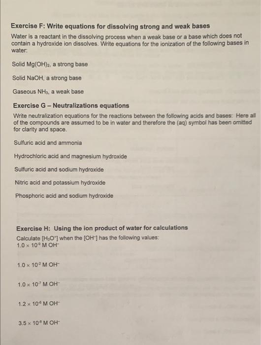 Solved Exercise F: Write equations for dissolving strong and | Chegg.com