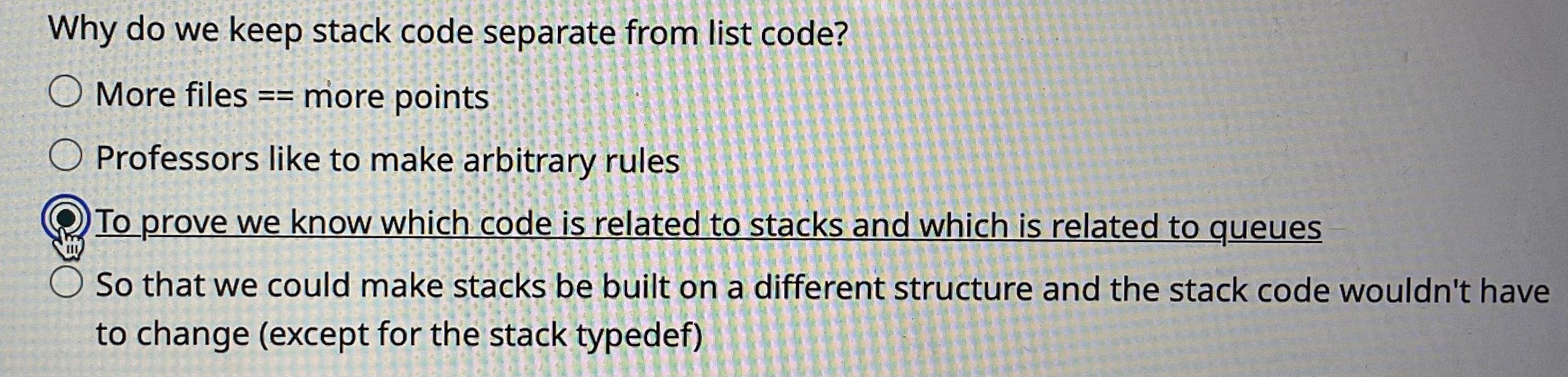 Solved Why do we keep stack code separate from list | Chegg.com