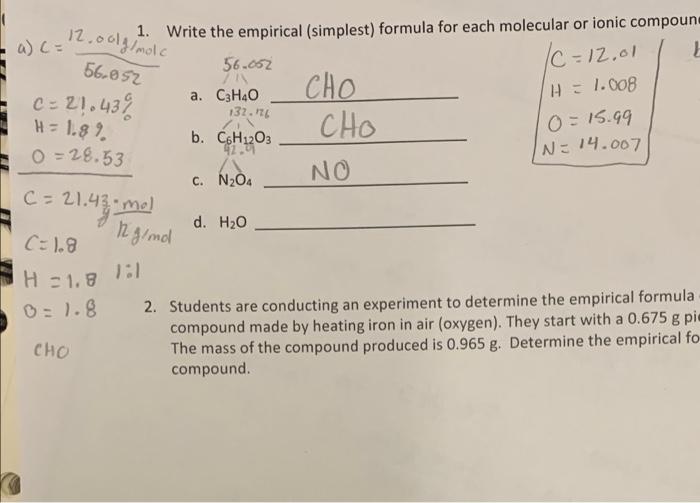 Solved C=12.00 g/1. Write the empirical (simplest) formula | Chegg.com