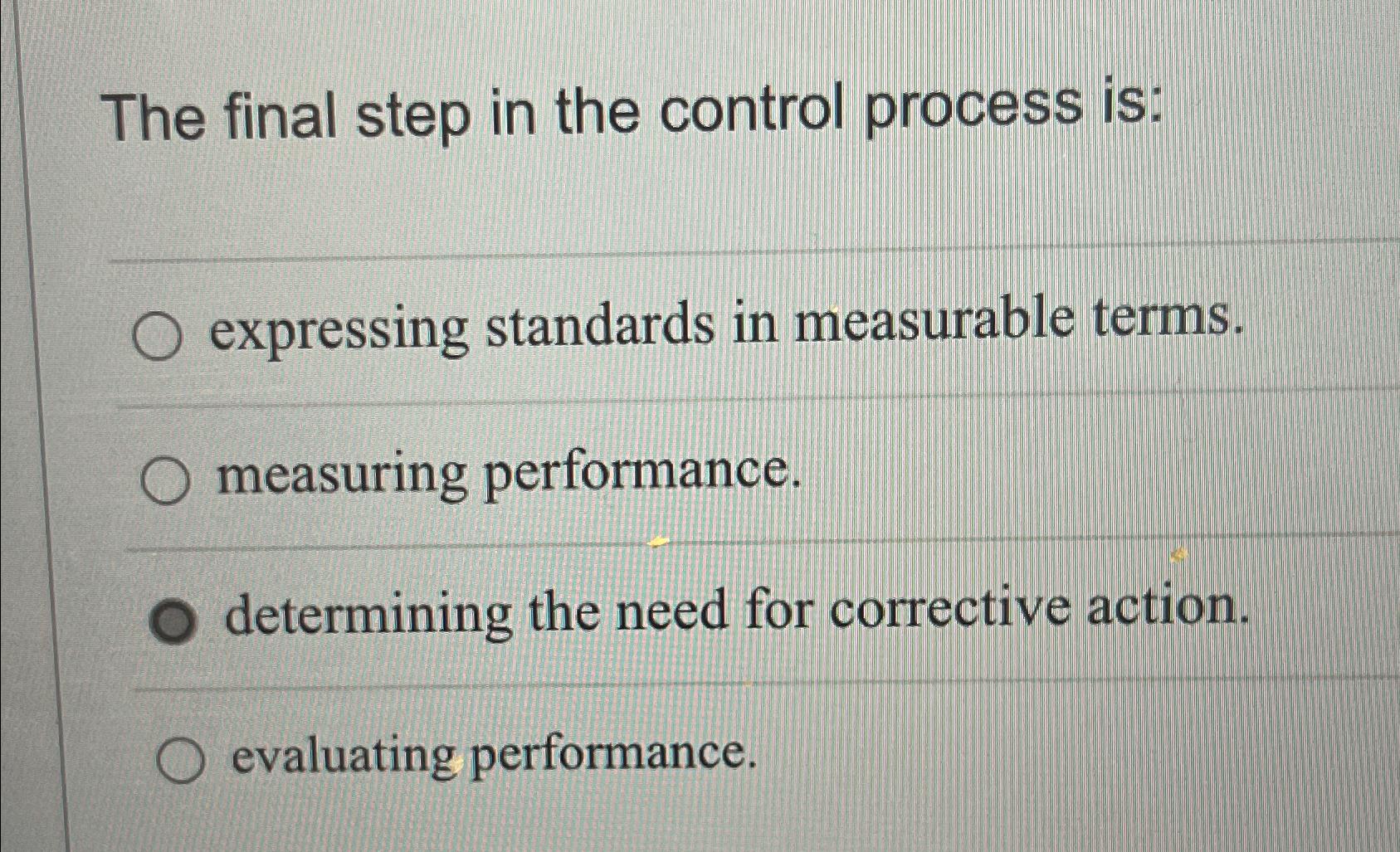 Solved The final step in the control process is:expressing | Chegg.com