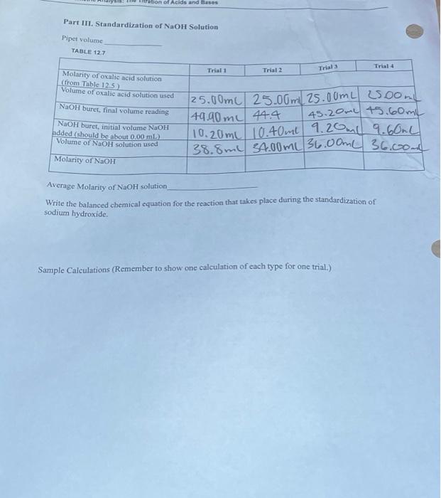 Solved Part III. Standardization of NaOH Solution Pipet | Chegg.com