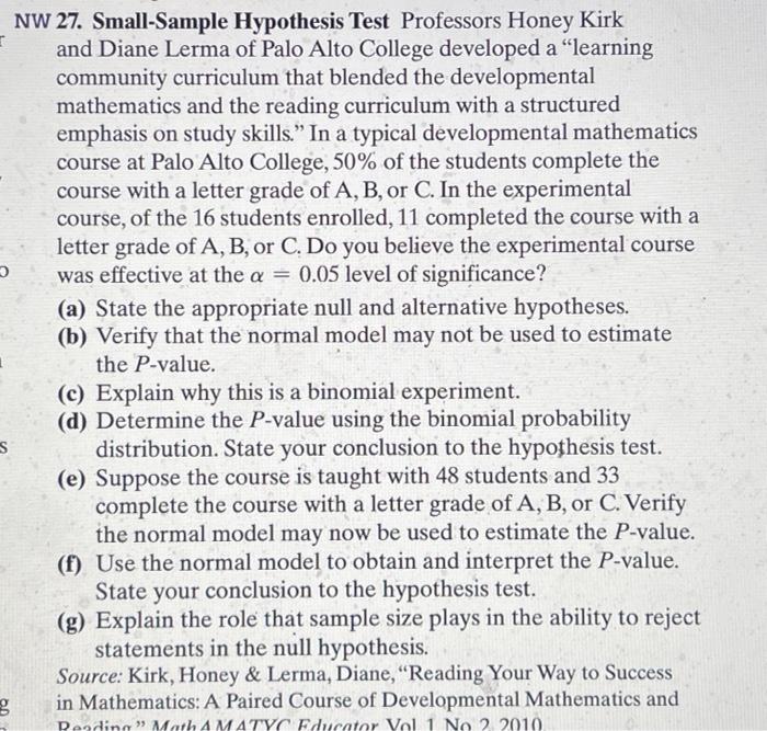 Solved Jw 27 Small Sample Hypothesis Test Professors Honey 1612