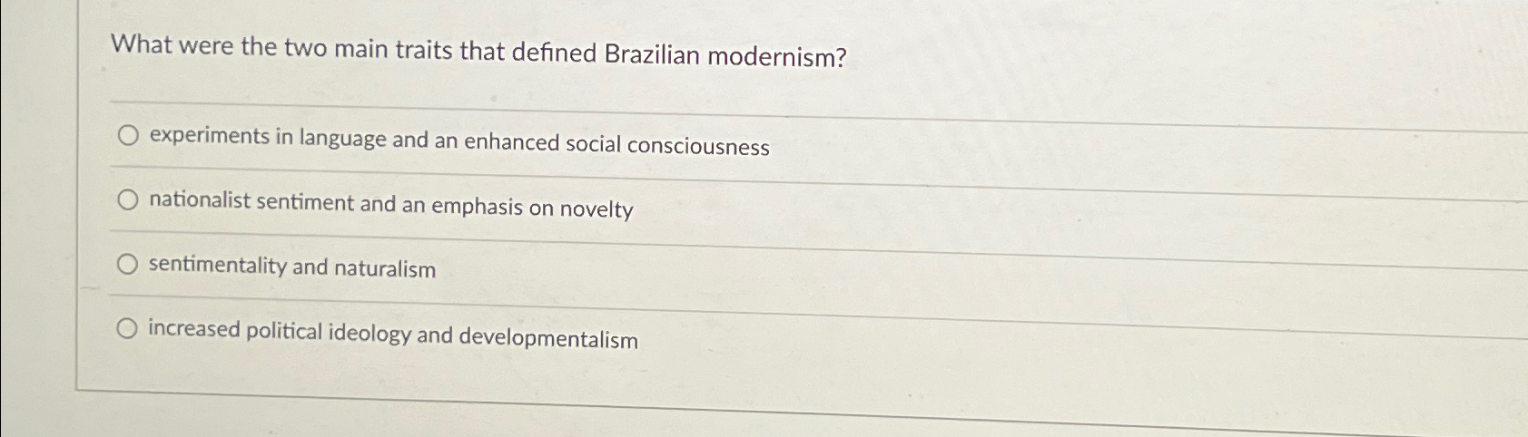 Solved What were the two main traits that defined Brazilian | Chegg.com