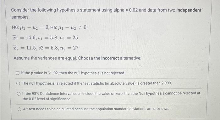Solved Consider the following hypothesis statement using | Chegg.com