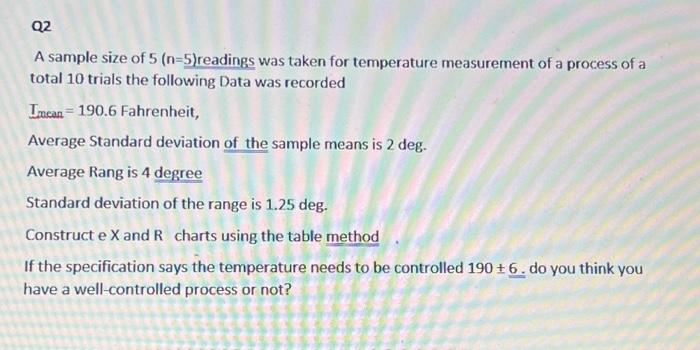 Solved Q2 A sample size of 5(n=5) readings was taken for | Chegg.com