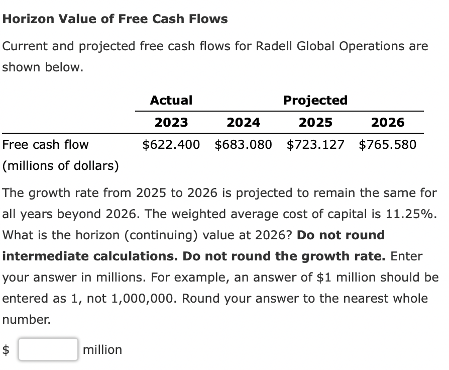 Solved Horizon Value of Free Cash FlowsCurrent and projected | Chegg.com