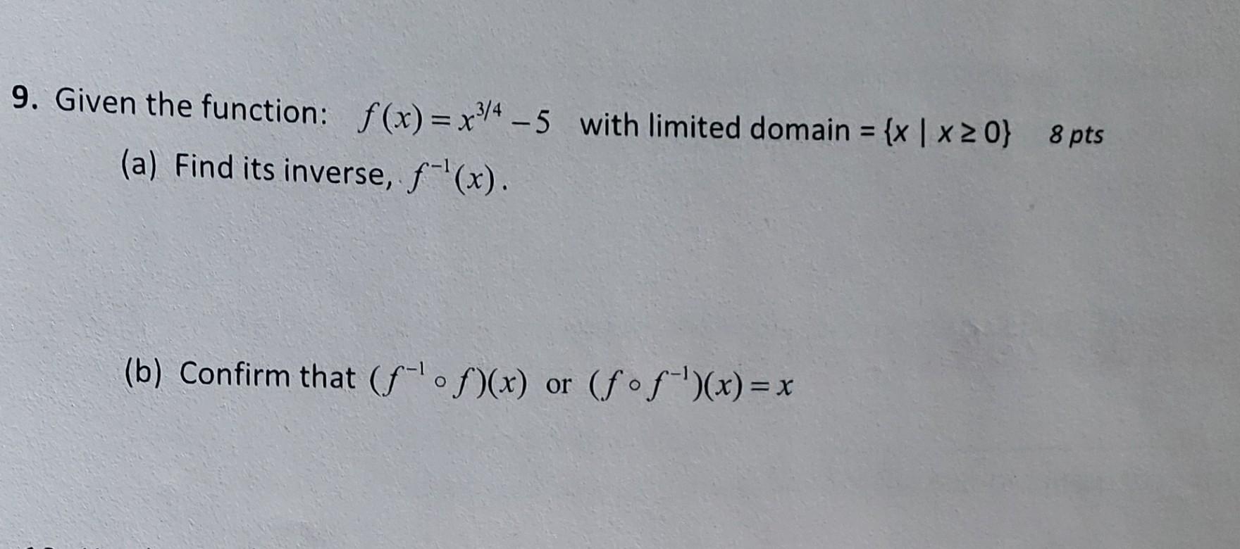 Solved Given the function: f(x)=x3/4−5 with limited domain | Chegg.com