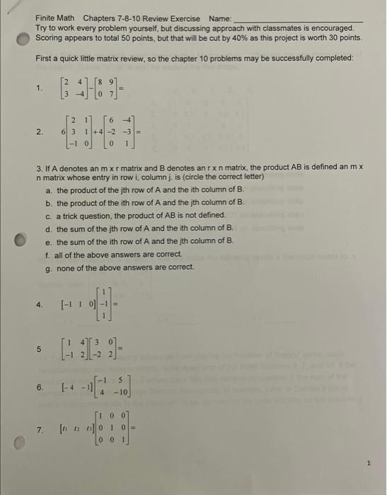 Solved Finite Math Chapters 7-8-10 Review Exercise Name: Try | Chegg.com
