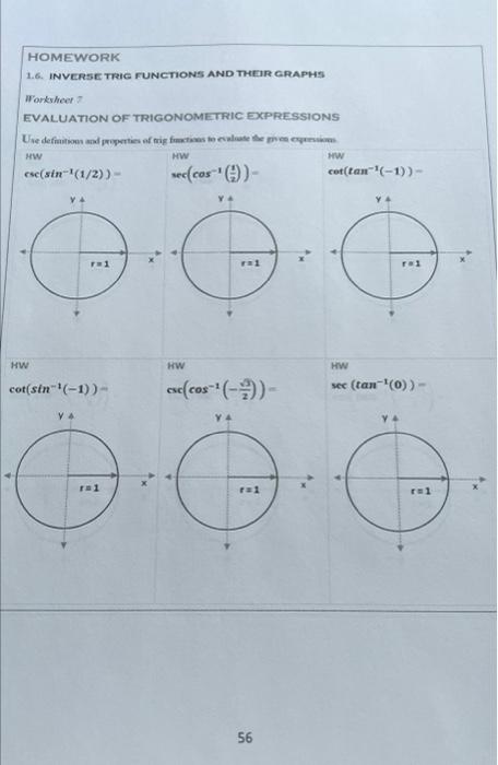 Solved HOMEWORK 1.6. INVERSE TRIG FUNCTIONS AND THEIR GRAPHS | Chegg.com