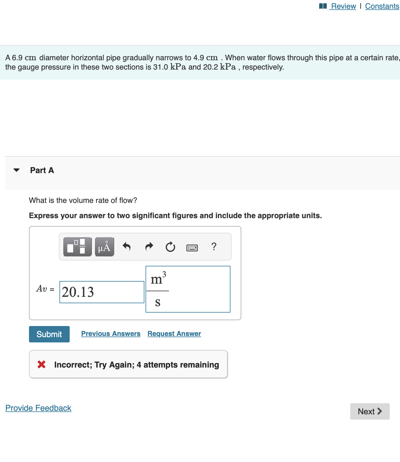 Solved A 6.9cm ﻿diameter horizontal pipe gradually narrows | Chegg.com