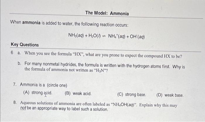 Solved The Model: Ammonia When ammonia is added to water, | Chegg.com