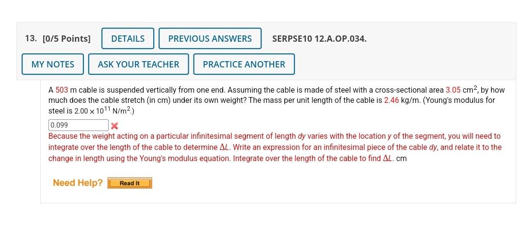 Solved A 503 m cable is suspended vertically from one end. | Chegg.com