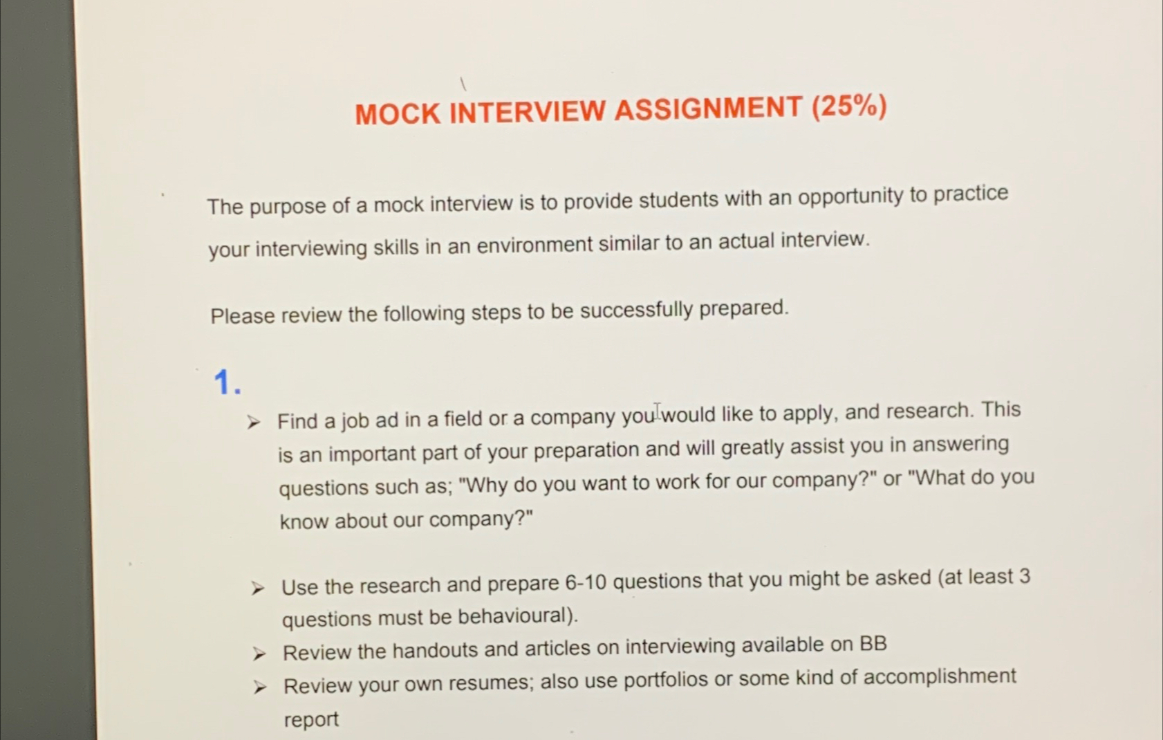 Solved MOCK INTERVIEW ASSIGNMENT (25%)The purpose of a mock | Chegg.com