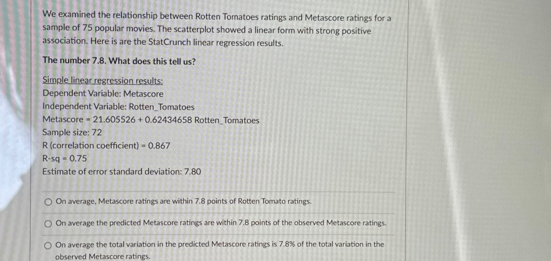 Solved We examined the relationship between Rotten Tomatoes | Chegg.com