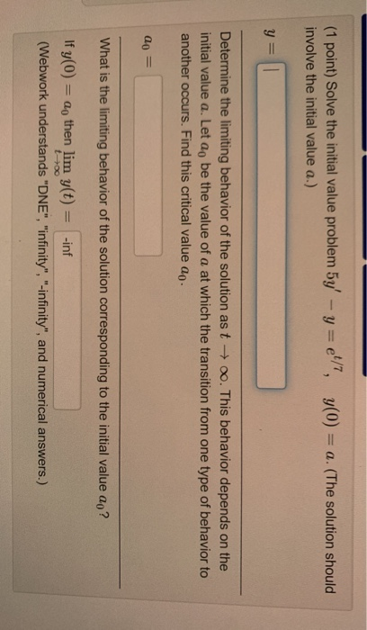 Solved (1 point) Solve the initial value problem 5y' - y = | Chegg.com