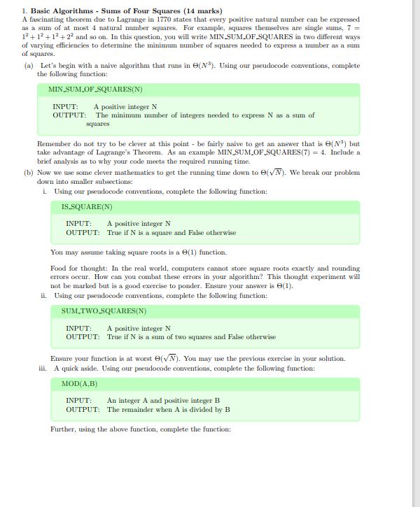 Solved 1. ﻿Basic Algorithms - ﻿Sums of Four Squares ( 14 | Chegg.com
