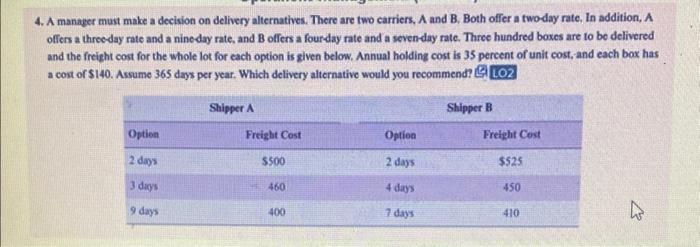 Solved 4. A manager must make a decision on delivery | Chegg.com