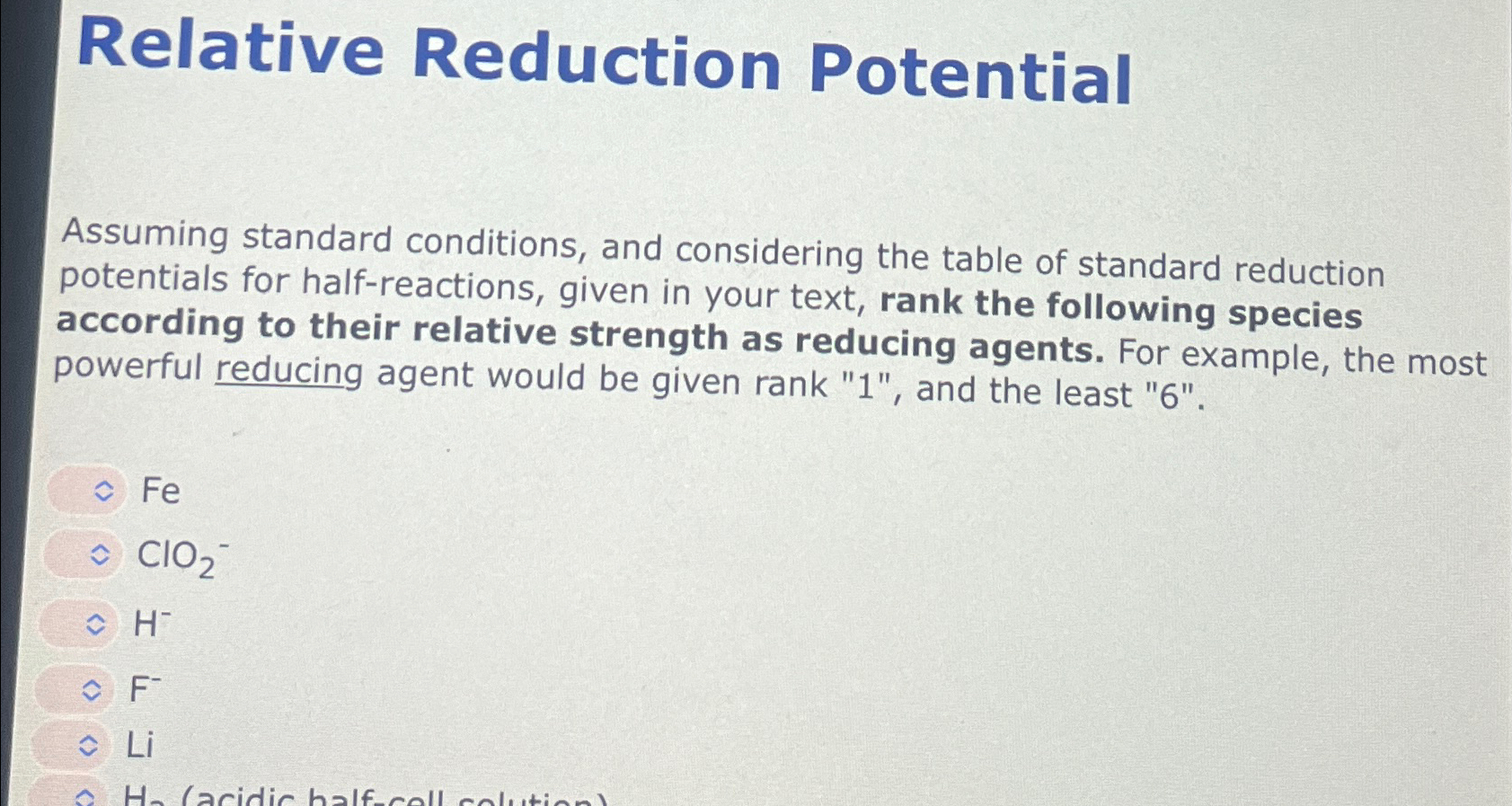 Solved Relative Reduction PotentialAssuming standard | Chegg.com