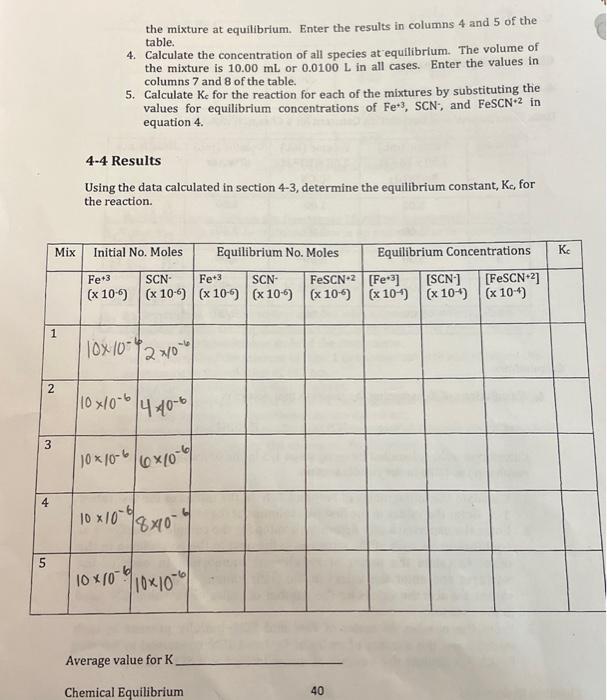 Solved Chemical Equilibrium 4-3 Data and Calculations Data: | Chegg.com