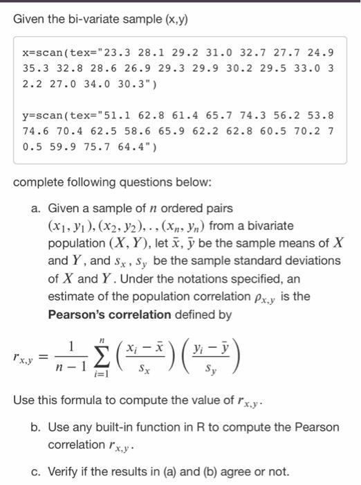 Solved Given the bi-variate sample (x,y) complete following | Chegg.com