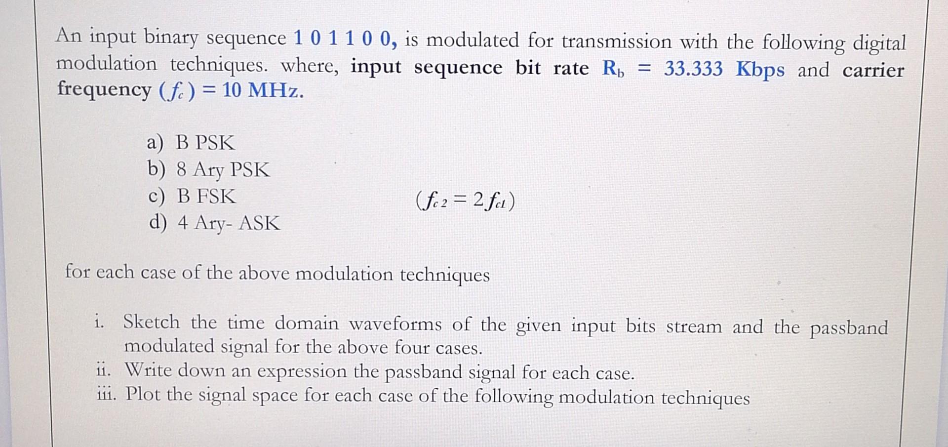 Solved An input binary sequence 101100 , is modulated for | Chegg.com