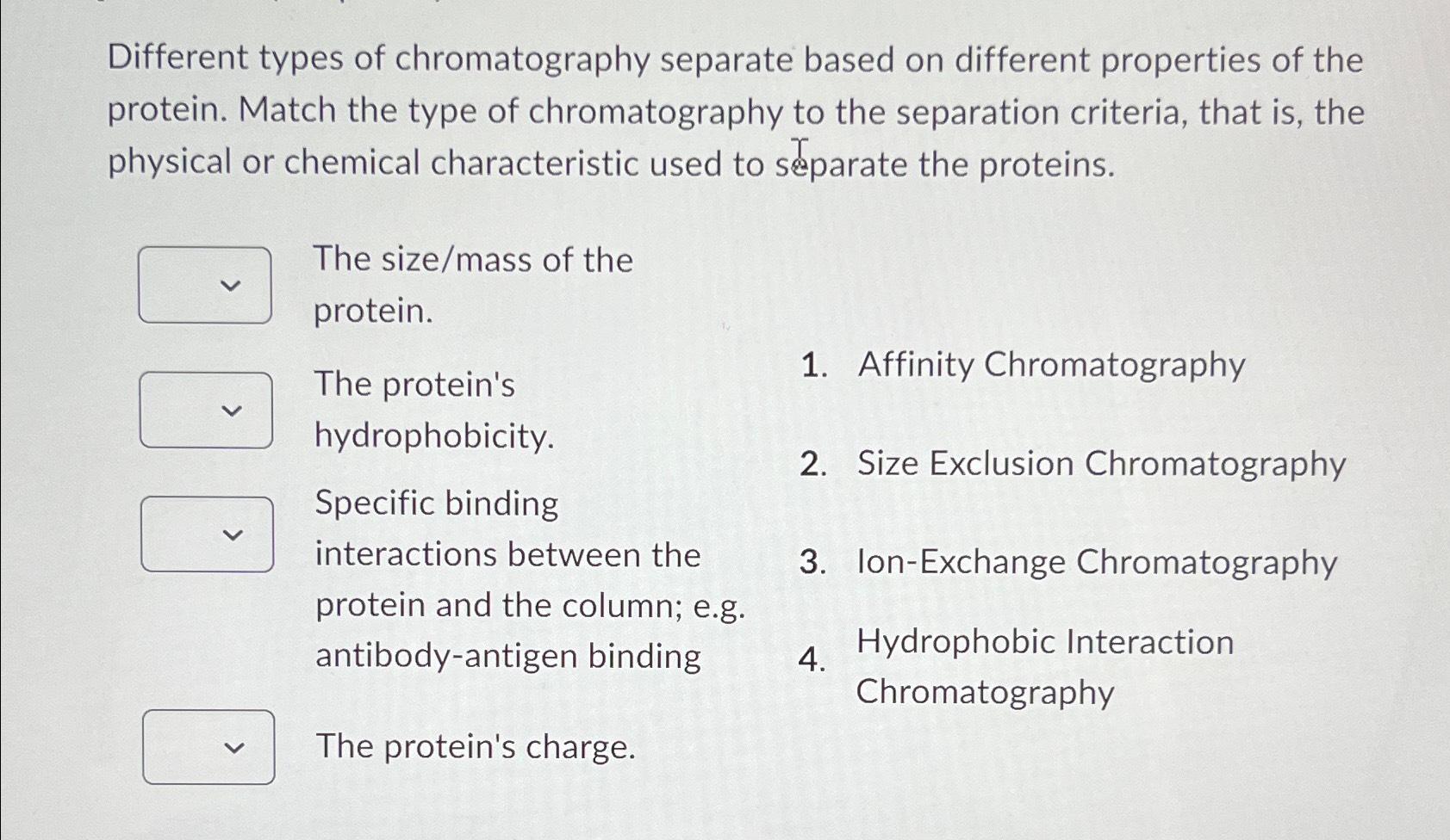 Solved Different types of chromatography separate based on | Chegg.com