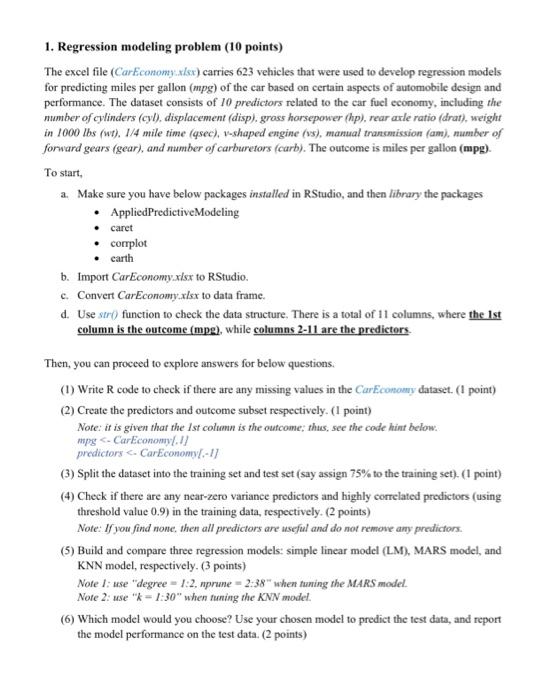 Solved 1. Regression modeling problem (10 points) The excel | Chegg.com