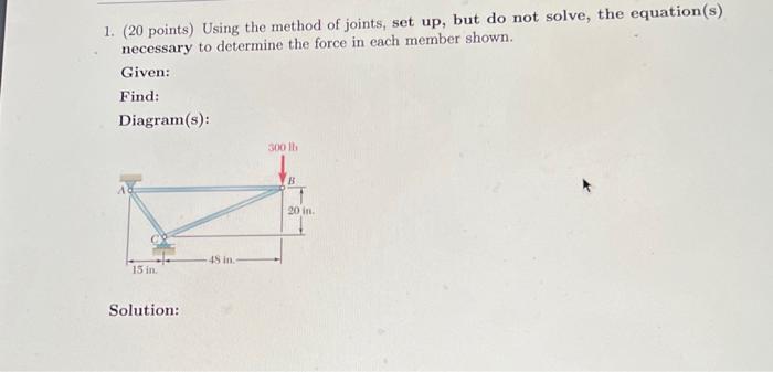 Solved 1. (20 points) Using the method of joints, set up, | Chegg.com