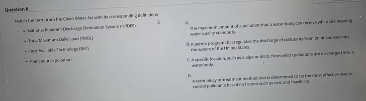 Solved Question 8 ﻿Match the term from the Clean Water Act | Chegg.com