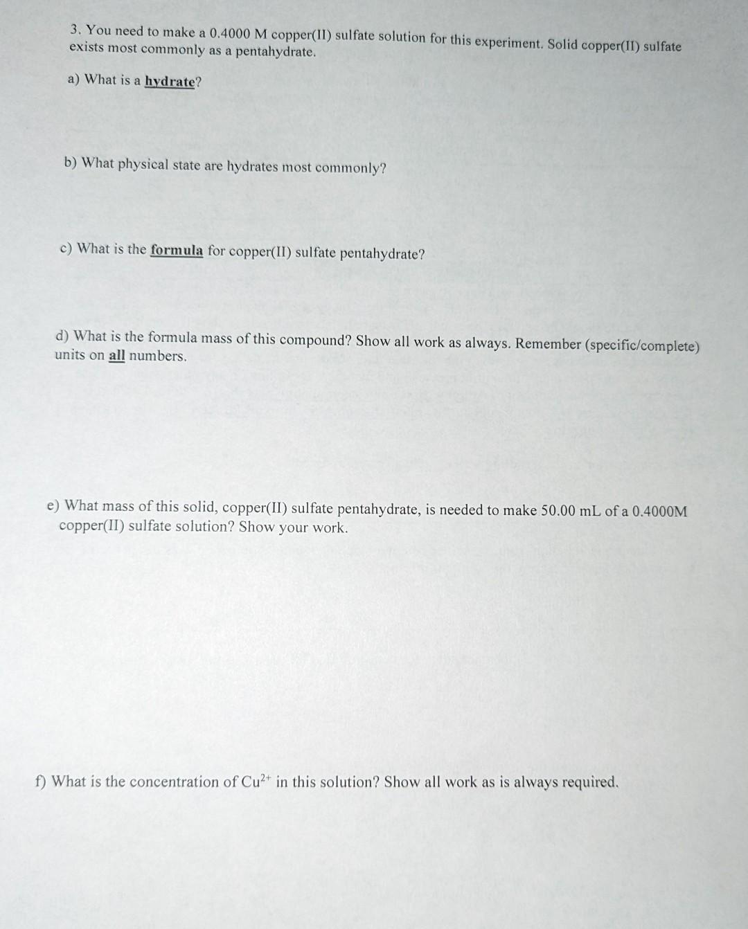 Solved Concentration Pre-Lab Questions Answer the following | Chegg.com