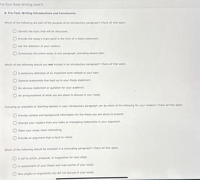 Pre-Test: Basic Writing Level II 8. Pre-Test: Writing | Chegg.com
