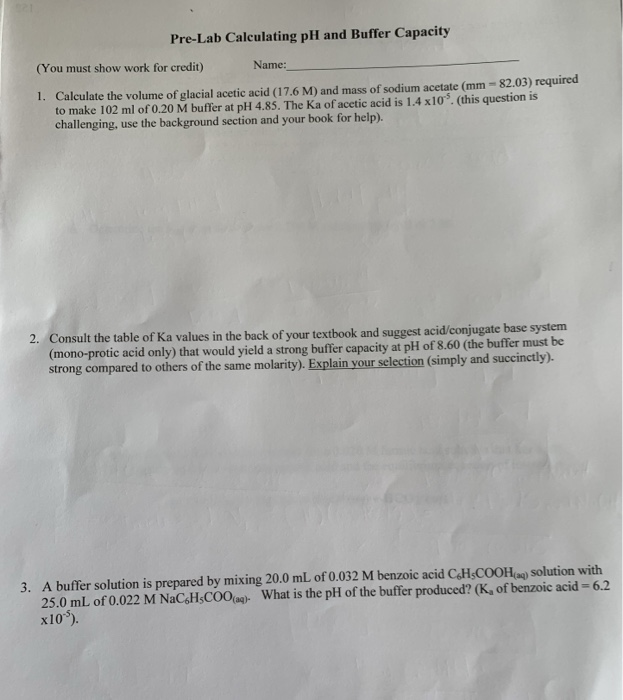 Solved Pre-Lab Calculating pH and Buffer Capacity (You must | Chegg.com