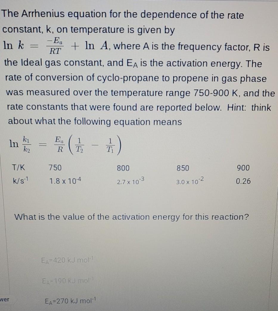 Solved RT The Arrhenius equation for the dependence of the | Chegg.com