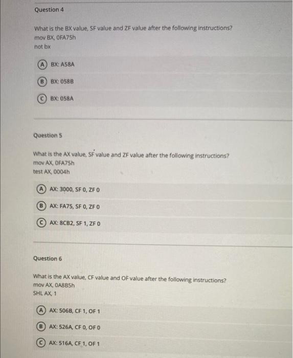 Solved What is the BX value, SF value and ZF value after the | Chegg.com