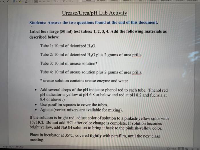Solved Urease/Urea/pH Lab Activity Students: Answer the two | Chegg.com