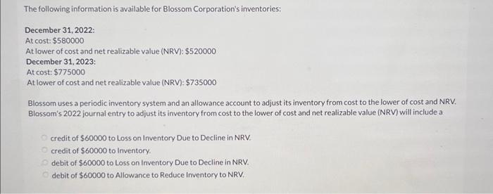 Solved The following information is available for Blossom | Chegg.com