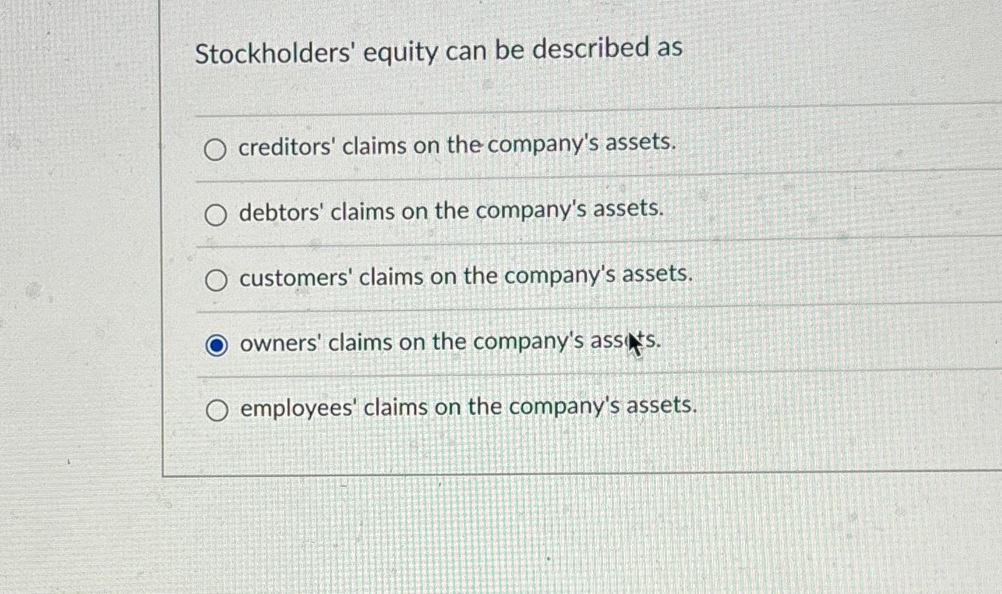 Solved Stockholders' equity can be described ascreditors' | Chegg.com