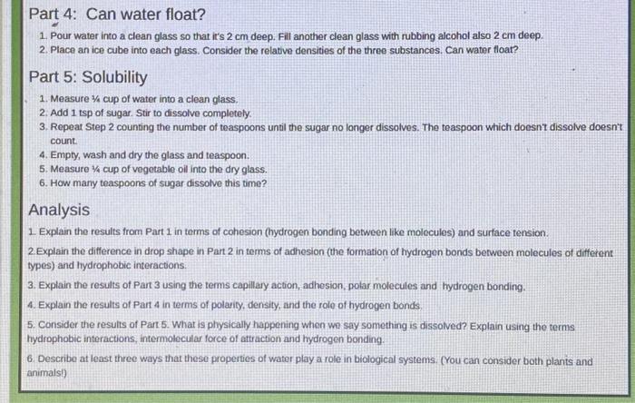 Solved Investigation: Properties of Water Materials Needed: | Chegg.com