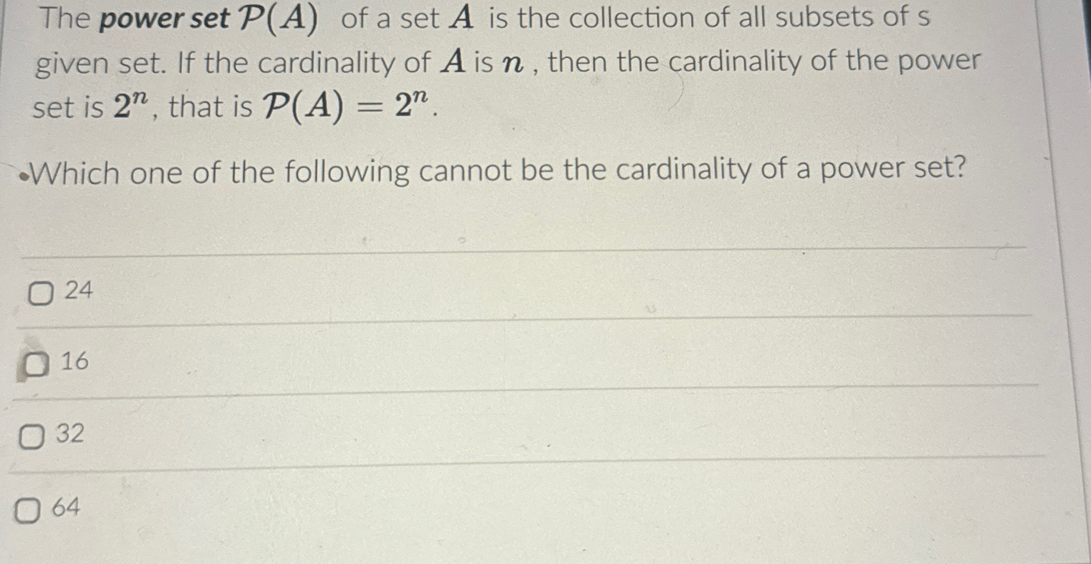 Solved The power set P(A) ﻿of a set A ﻿is the collection of | Chegg.com