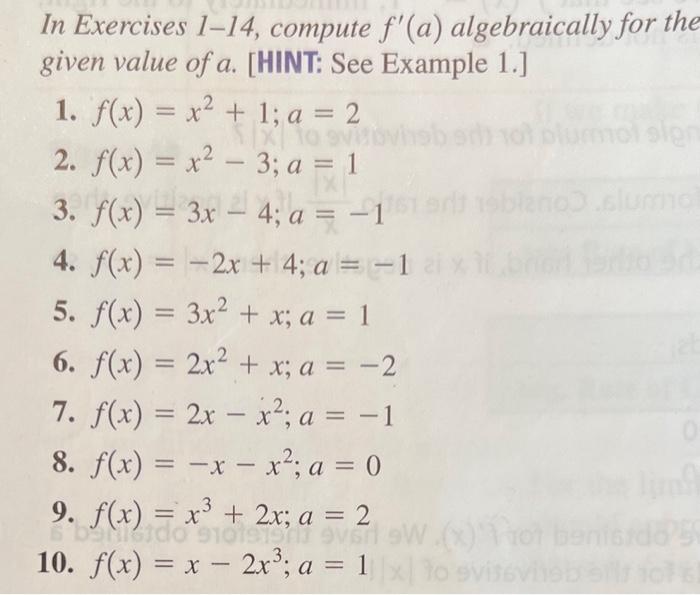 Solved In Exercises 1−14, compute f′( a) algebraically for | Chegg.com