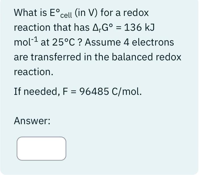Solved What is \\( E^{\\circ} \\) cell (in V) for a redox | Chegg.com