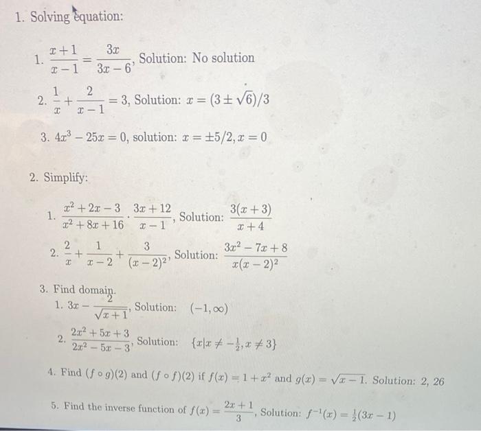 Solved 1. Solving equation: 1. x−1x+1=3x−63x, Solution: No | Chegg.com