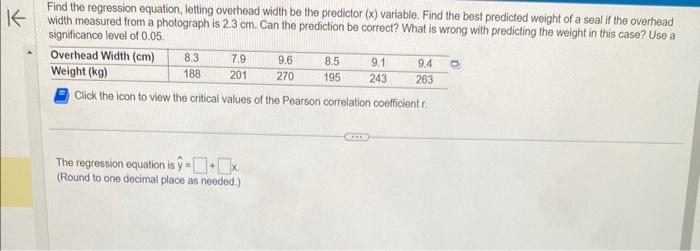 Solved Find the regression equation, letting overhead width | Chegg.com