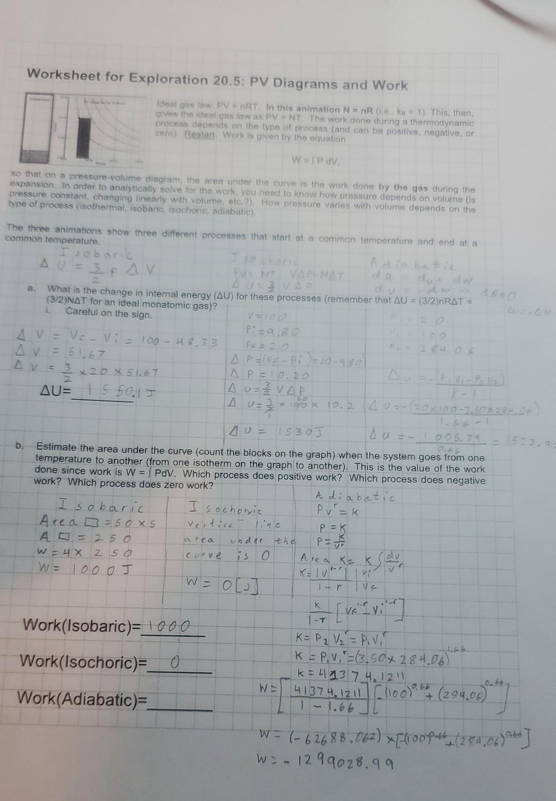Solved Worksheet for Exploration 20.5: PV Diagrams and Work | Chegg.com