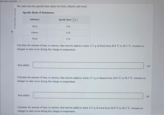 Solved The table lists the specific heat values for brick, | Chegg.com