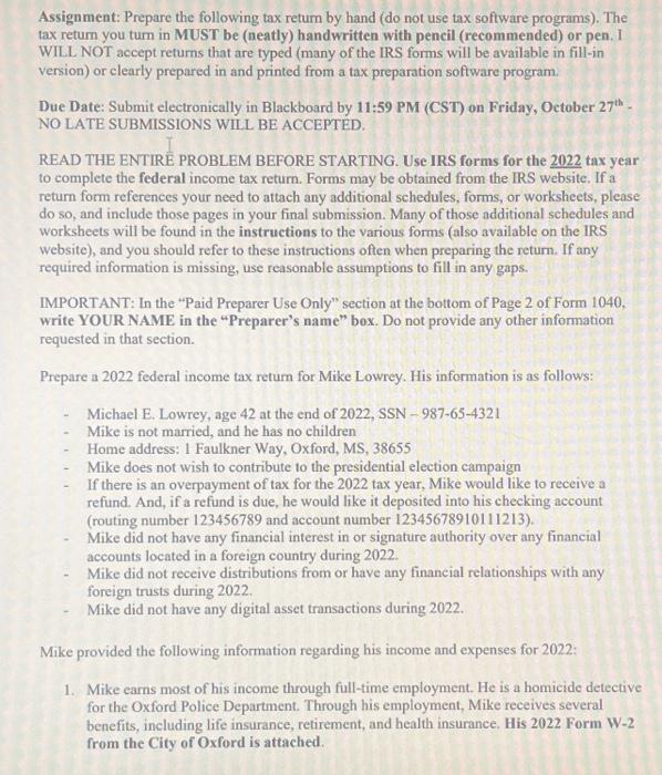 Solved Assignment: Prepare the following tax retum by hand | Chegg.com