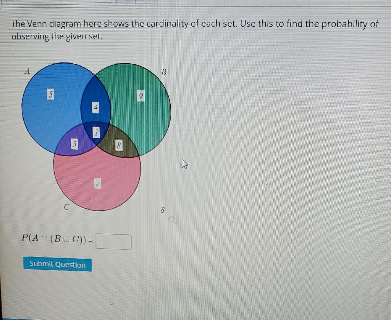 Solved The Venn diagram here shows the cardinality of each | Chegg.com
