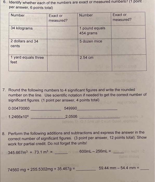Solved 6. Identify whether each of the numbers are exact or | Chegg.com