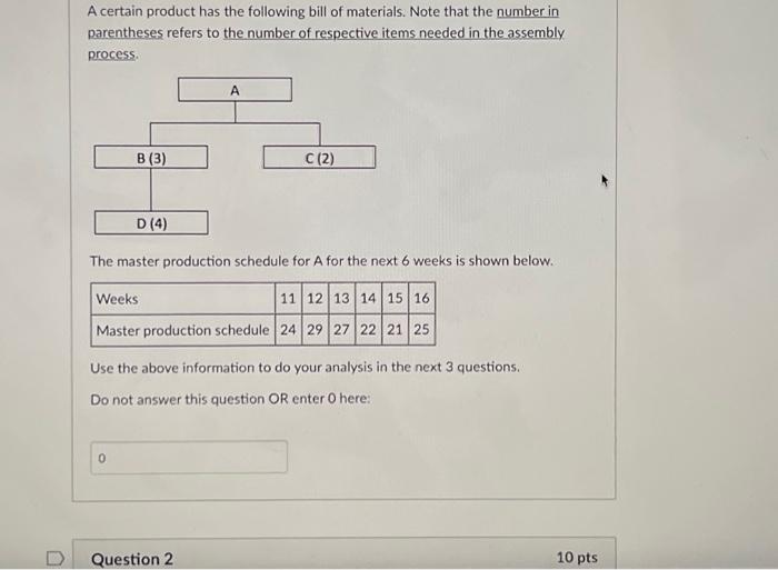 Solved A certain product has the following bill of | Chegg.com