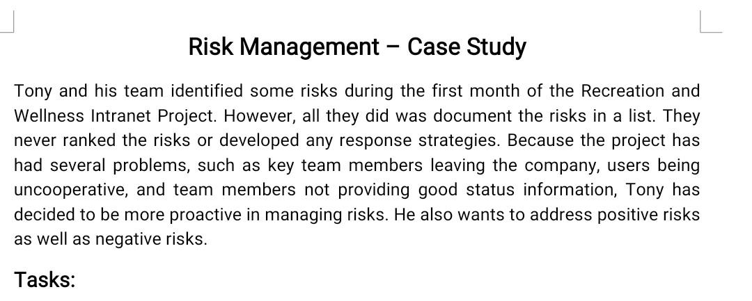 Solved - Risk Management - Case Study Tony and his team | Chegg.com